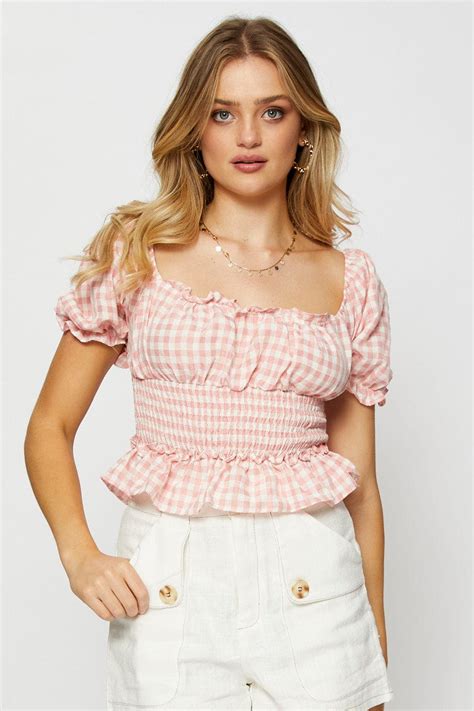 Womens Check Crop Top Short Sleeve Square Neck Ally Fashion
