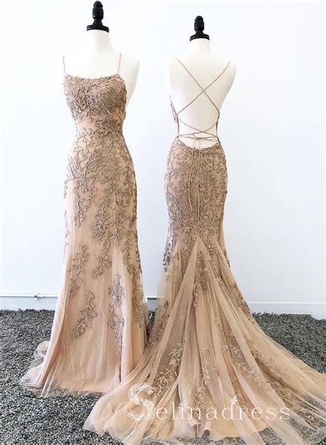 Mermaid Spaghetti Straps Lace Long Prom Dress Appliqued Backless