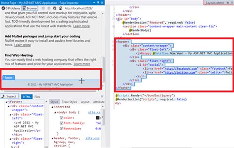 using page inspector with an integrated browser in asp mvc