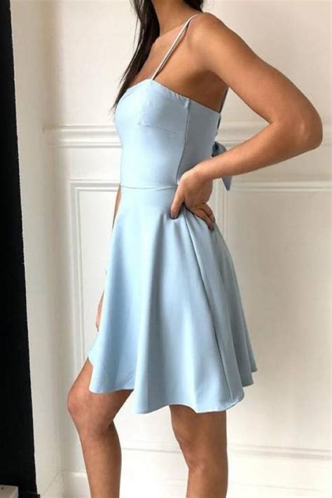 Buy Simple Spaghetti Straps Light Blue Satin Homecoming Dresses Cute