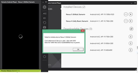 android xamarin player startup error stack overflow