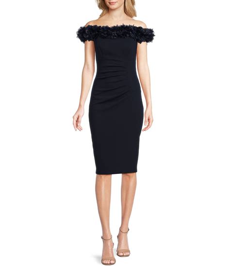 Xscape Off The Shoulder Floral Applique Cap Sleeve Fleurette Stretch