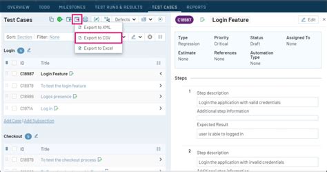 export test cases testrail support center