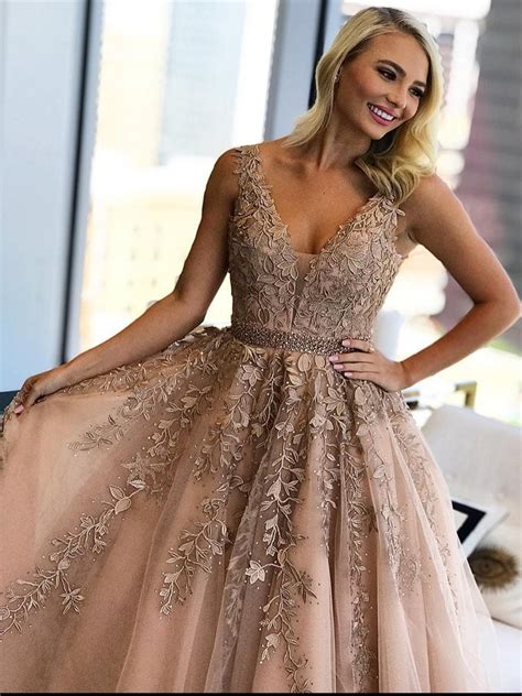 Champagne V Neck Lace Tulle Long Prom Dresses Champagne Lace Formal D