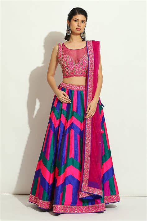 Buy Multi Color Dupion Silk Embroidered Chevron Mirror Blouse Lehenga