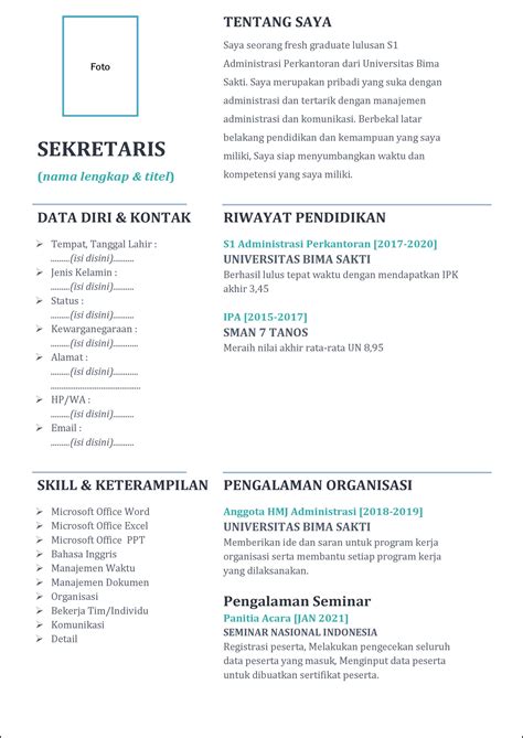 Contoh Curriculum Vitae Cv Sekretaris Fresh Graduate Tanpakoma