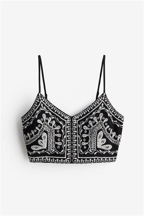 Embellished Cropped Top Black Ladies Handm Gb