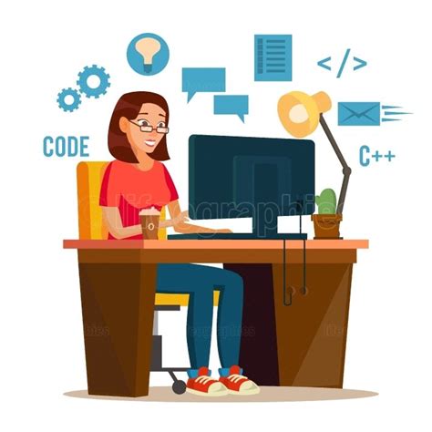 programmer woman vector programmer workspace working on internet using