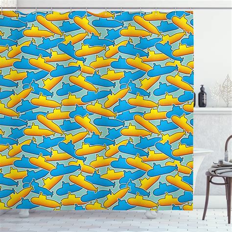 Yellow Submarine Decor Shower Curtain Pop Art Style Underwater