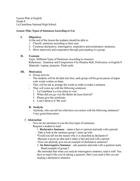 Doc Detailed Lesson Plan In Kinds Of Sentences According 51 Off
