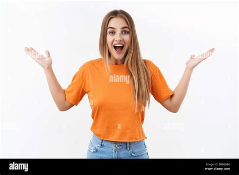 What Wonderful News Portrait Of Enthusiastic Blond Girl Express