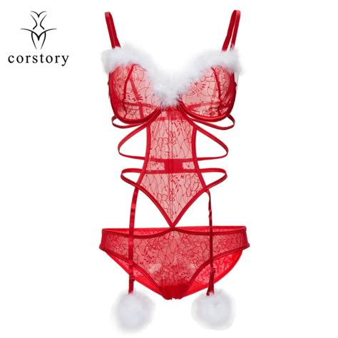 Corstory Christmas Red Plus Size Lingerie Set With White Feather Cups