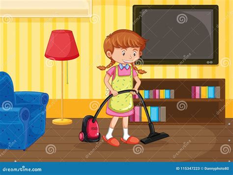 A Girl Cleaning Living Room Stock Vector Illustration Of Girl Cute
