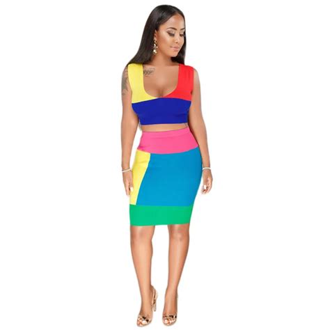 Sexy 2 Piece Skirt Set Women Sleeveless Patchwork Crop Top And Skirt