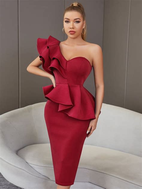 One Shoulder Exaggerated Ruffle Split Back Bandage Dress In 2023