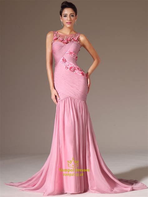 Bateau Neck Ruched Sheath Chiffon Prom Dress With Flowers And Train
