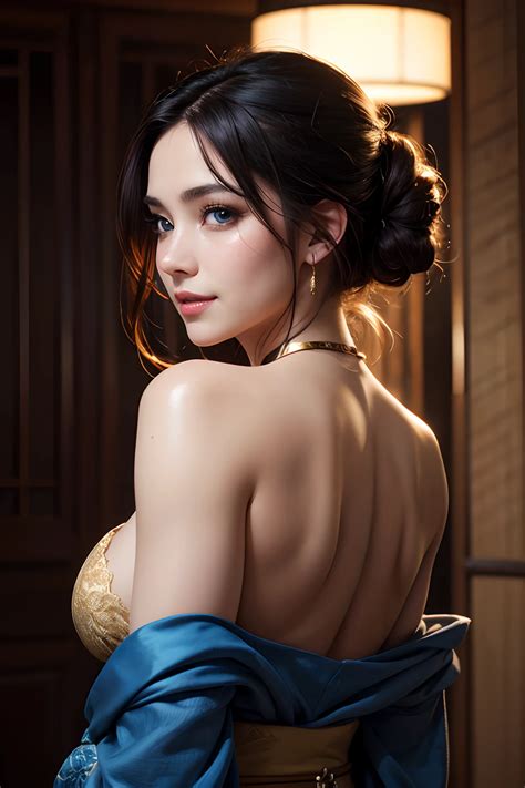軽薄な笑顔の美しい女性 金レースの着物を着た超巨乳浪人生 明治維新 青い目 神保の Seaart Ai