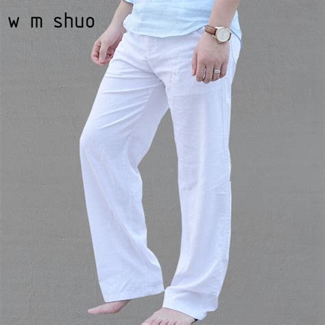 Mens Summer Casual Pants Natural Cotton Linen Trousers White Linen