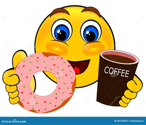 Émoticônes De Sourire Tenant Le Café Et Le Beignet Illustration Stock