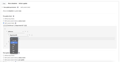in operator for custom check permissions for hasura with sql server