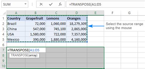 transpose function in excel rotate columns to rows