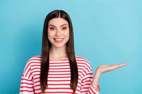 Photo Of Nice Brunette Hairdo Millennial Lady Hold Empty Space Wear Red