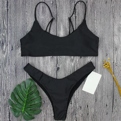 Melphieer Women Black Sexy Solid Swimwear Brazilian Bikini Set Padded