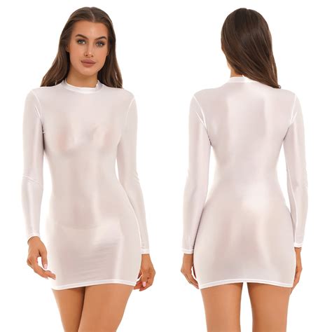Msemis Women Oil Glossy Sheer Micro Mini Dress Tight Pencil Short Dress