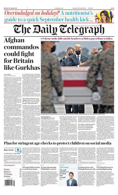 Daily Telegraph Front Page 30th Of August 2021 Tomorrows Papers Today