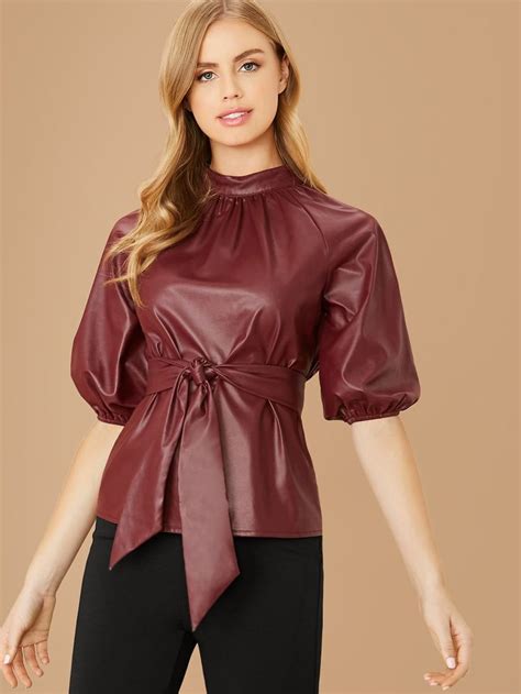 Puff Sleeve Faux Leather Belted Top Sponsored Affiliate Faux