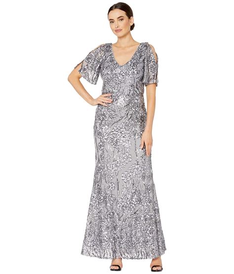 Alex Evenings Synthetic Long V Neck A Line Dress With Cold Shoulder