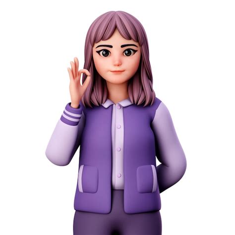 Premium Photo Woman Character With Purple Clothes Showing Ok Gesture