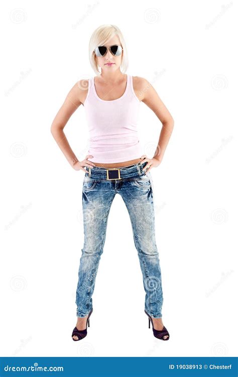 Blonde Woman Wearing Sunglasses Stock Image Image Of Girl Jeans