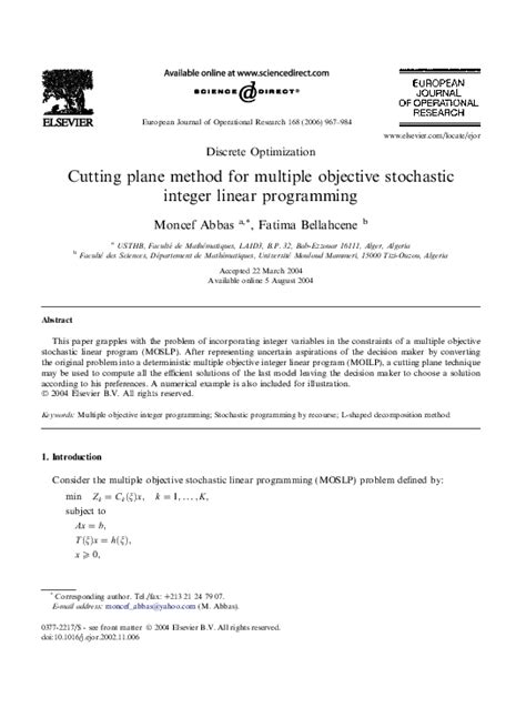 pdf cutting plane method for multiple objective stochastic integer