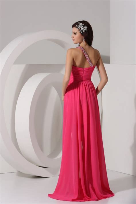 Robe Soirée Courte Asymétrique En Mousseline Fuchsia Ornée De Bijoux