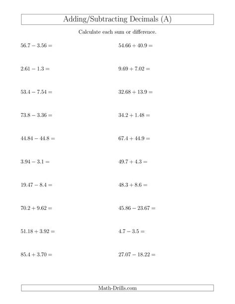 the adding and subtracting decimals with up to two places before and after the decimal a math