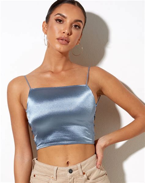 Ozka Crop Top In Satin Blue In 2021 Satin Top Outfit Blue Crop Tops