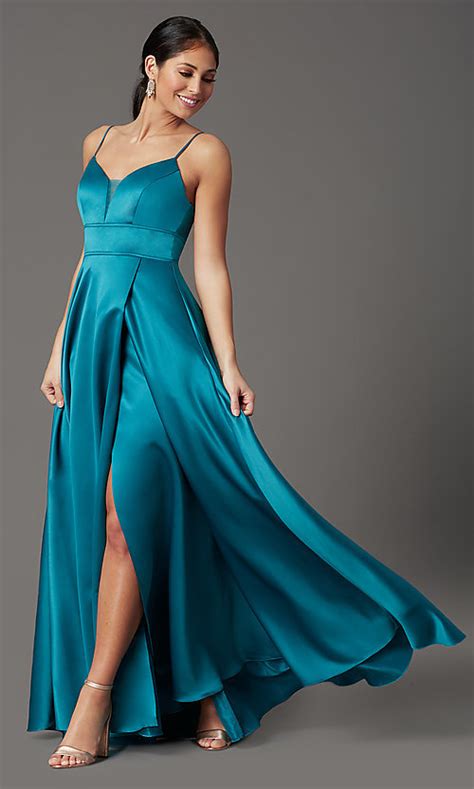 Faux Wrap Long Satin Prom Dress In Teal Blue Teal Prom Dresses Prom