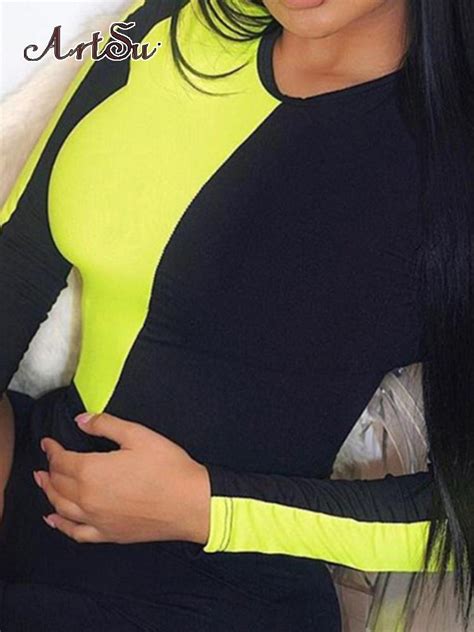 Artsu Neon Green Orange Bodycon Jumpsuit Women Long Sleeve Bodysuit