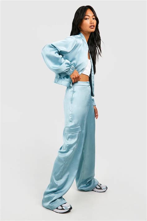 Textured Matte Satin Wide Leg Cargo Trousers Boohoo Uk
