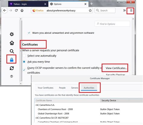 viewing pre installed certificates in mozilla firefox