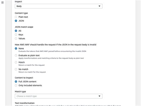 how to specify keys and values of json format request body to match on