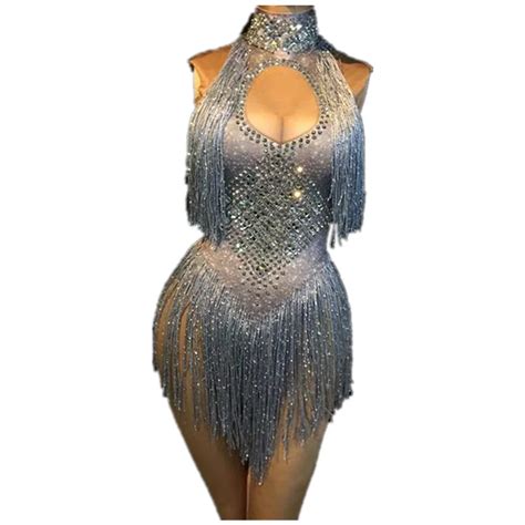 4 Colors Sleeveless Sparkly Rhinestones Bodysuit Silver Gold Glass