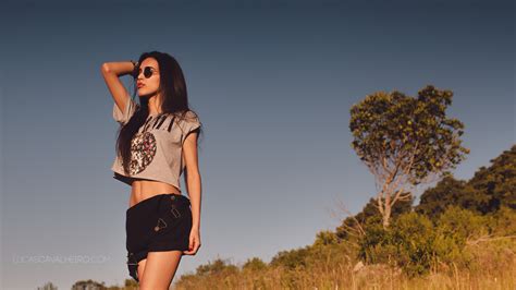 Wallpaper Model Brunette T Shirt Sunglasses Overalls Hands On