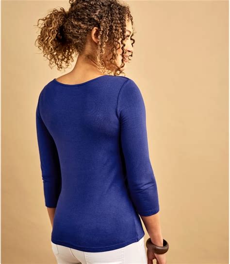 Prussian Blue Womens Jersey Boat Neck 3 4 Sleeve T Shirt Woolovers Uk