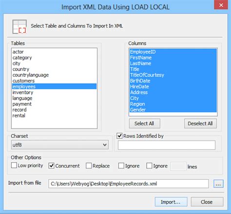 import xml data using load local sqlyog knowledge base