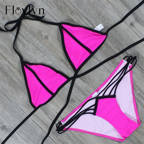 Floylyn Triangle Push Up Women Bikini Swimwear Summer Patchwork Strappy