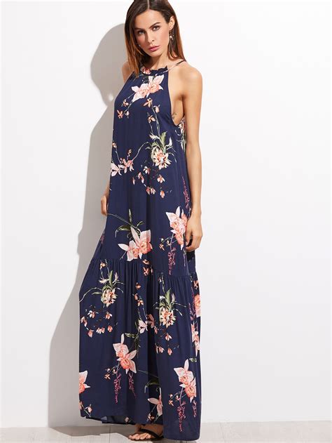 Navy Floral Print Halter Ruffle Maxi Dress Shein Sheinside