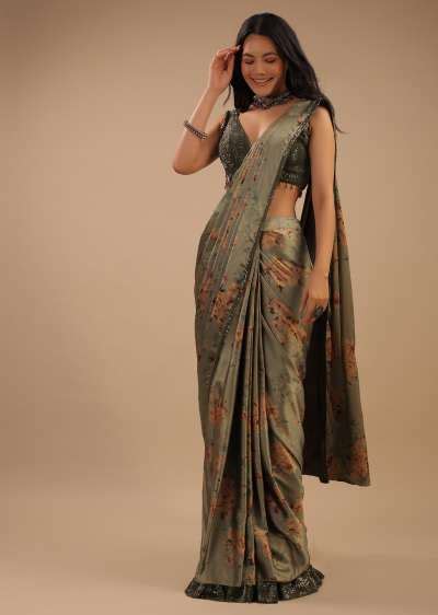 Buy Emerald Green Ready Pleated Saree In Satin With Floral Print And