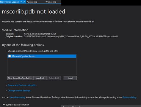 vs2017 debugging error mscorlib pdb not loaded